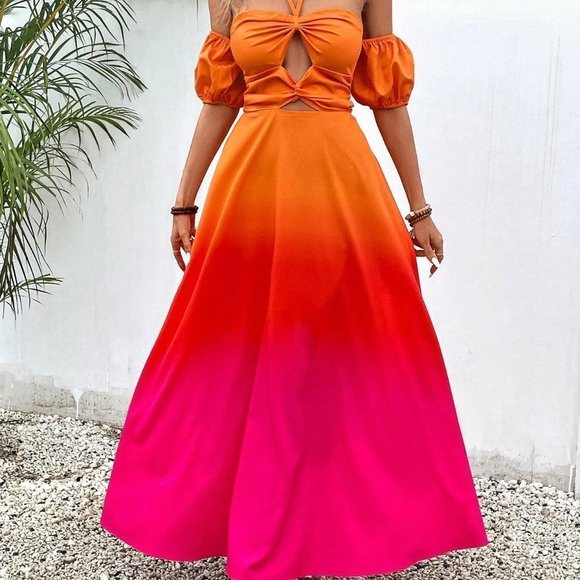 Dresses | Orange Preppy Womens Ombre Cut Out Tie Backless Halter Dress ...